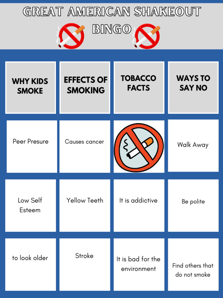 Great American Shakeout Bingo | PDF | Tobacco Smoking | Addiction