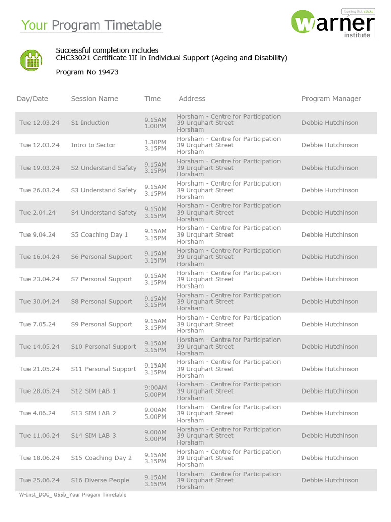 Individual Support Training Schedule | PDF