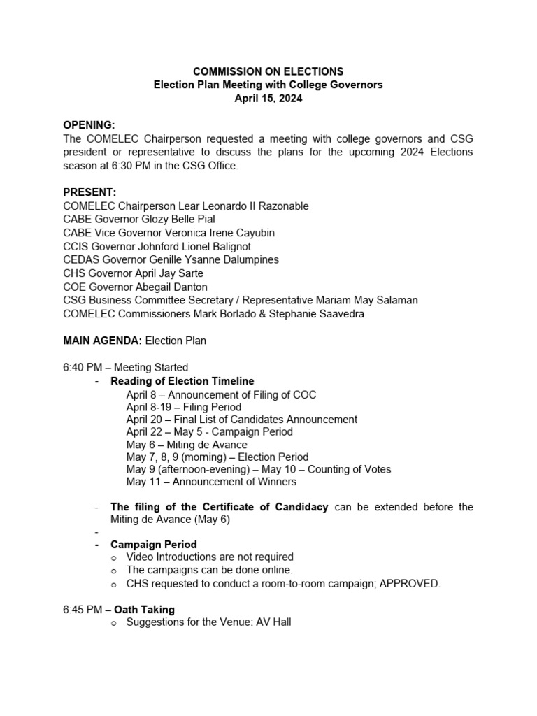 COMELEC MEETING 05152024 Election Plan Discussion With Governors CSG ...