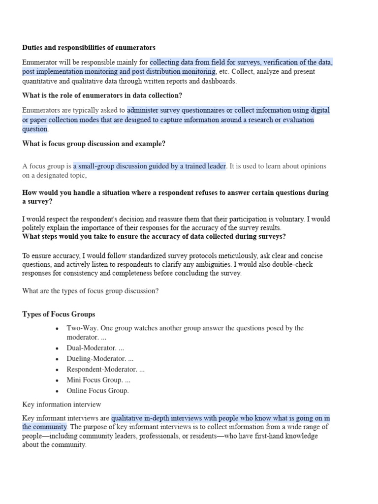 Duties and Responsibilities of Enumerators | PDF | Focus Group | Survey ...