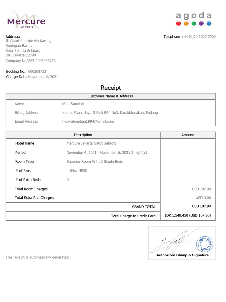 Agoda Booking ID 600268753 - RECEIPT Enclosed | PDF