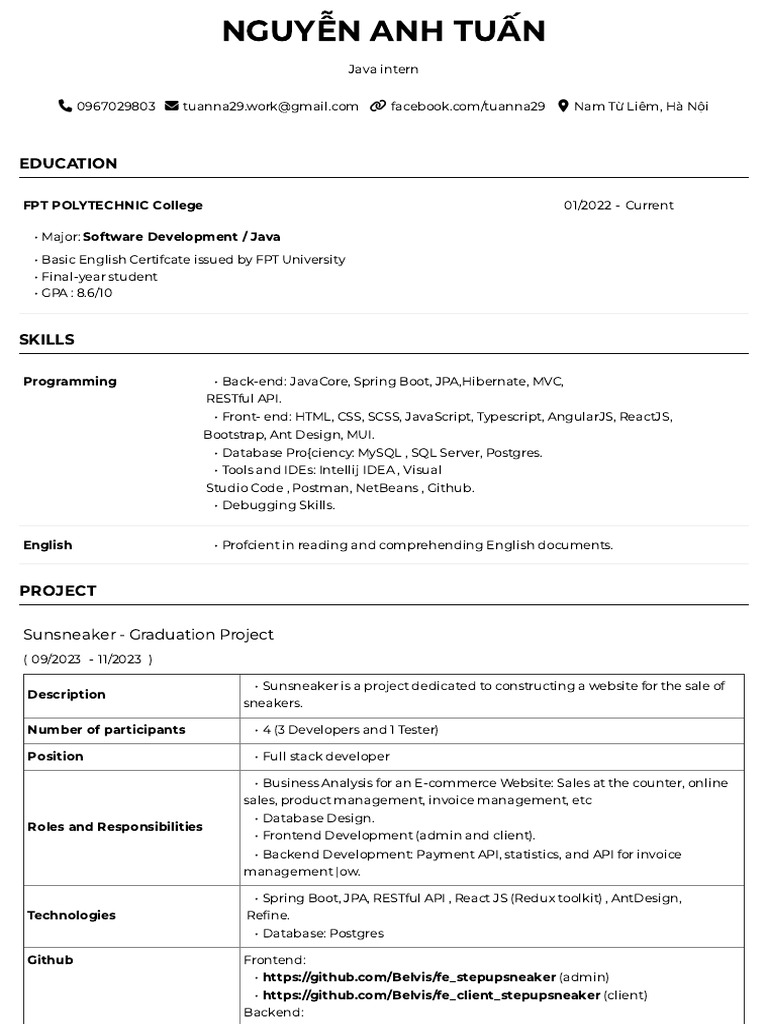 Java Intern Profile - Nguyễn Anh Tuấn | PDF | Angular Js | Computing