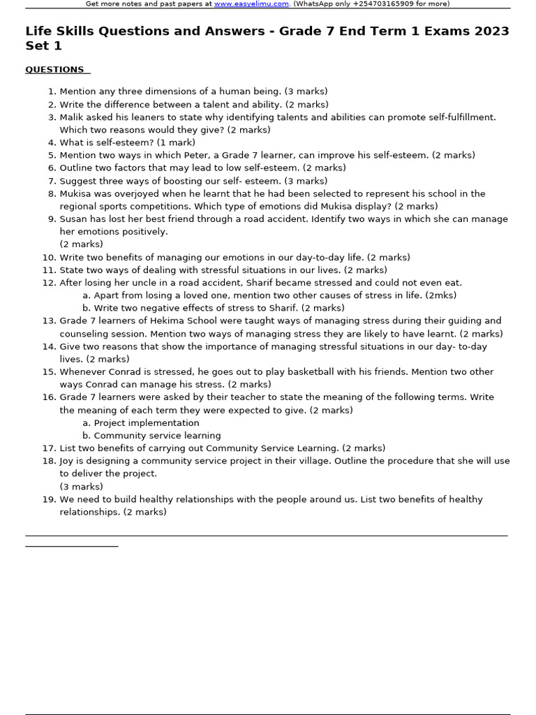Life Skills Questions and Answers - Grade 7 End Term 1 Exams 2023 Set 1 ...