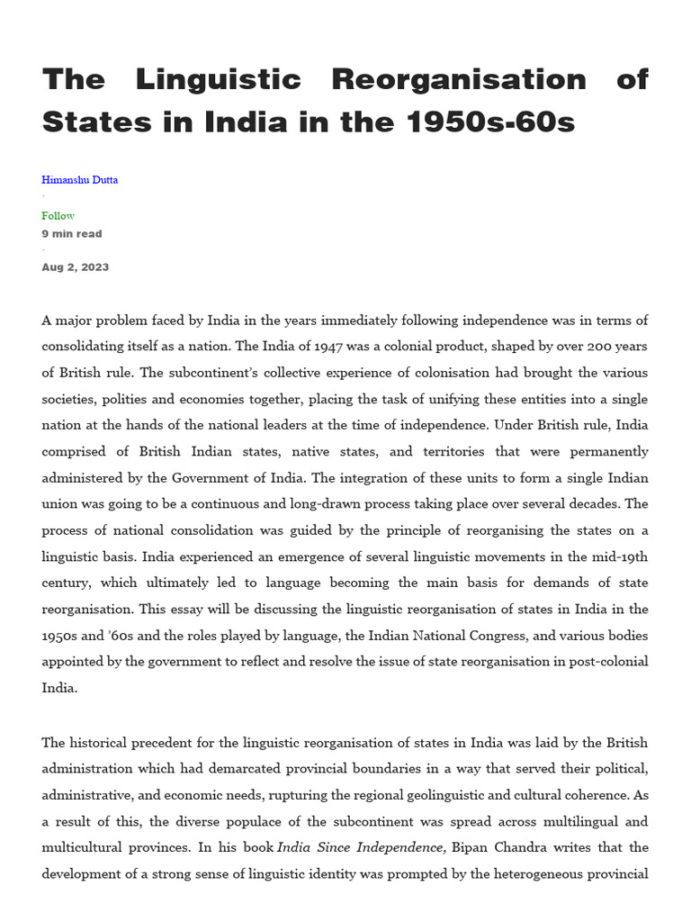 Linguistic Reorganization of Indian States | PDF | Punjab | Politics Of ...