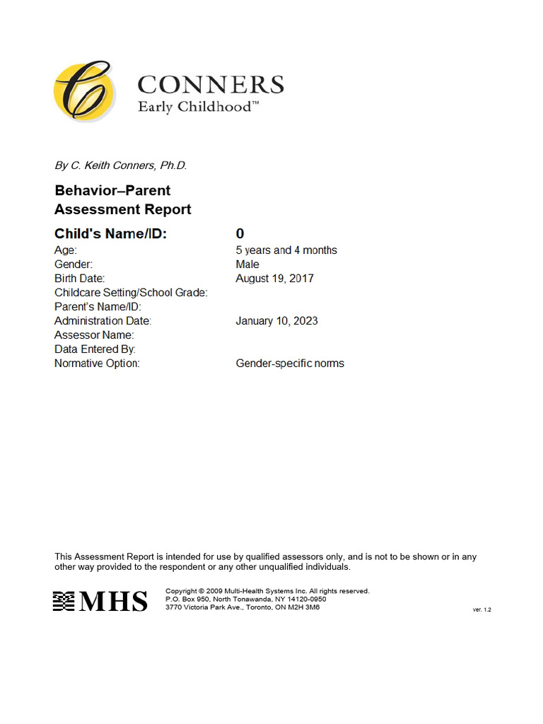 Assessment Report Behavior-Parent: by C. Keith Conners, PH.D | PDF ...