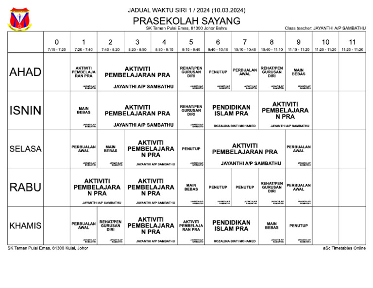 Pra Sayang - Jadual Waktu Sesi Pagi Bil-1 2024 - 17 | PDF