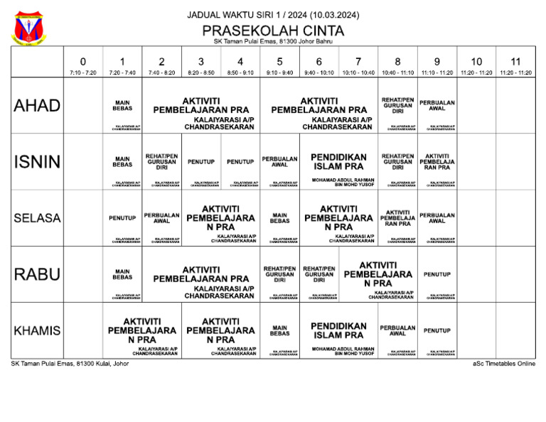Pra Cinta - Jadual Waktu Sesi Pagi Bil-1 2024 - 18 | PDF