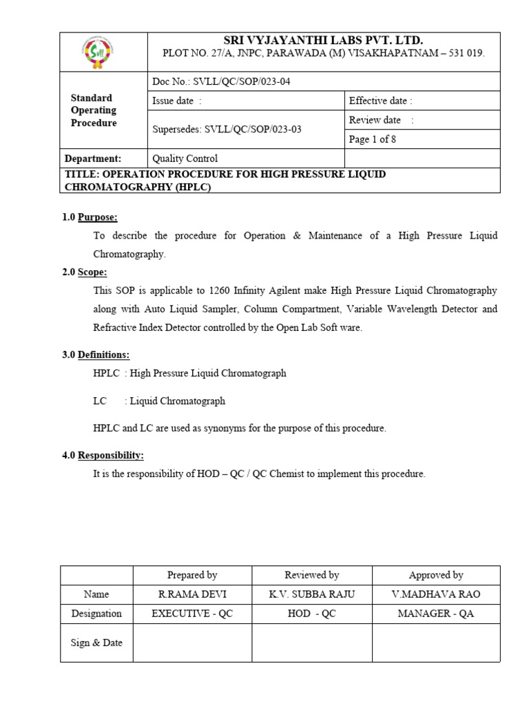 023 Operation Procedure For High Pressure Liquid Chromatography (HPLC ...