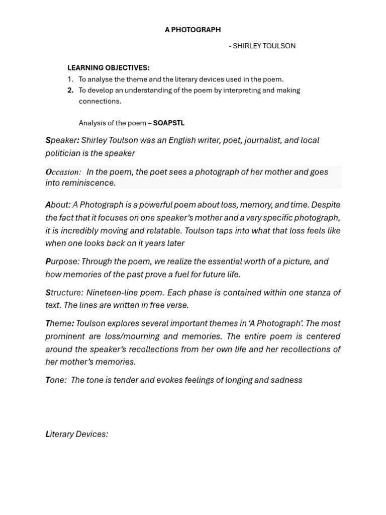 A PHOTOGRAPH - Grade 11 - Notebook | PDF | Poetry