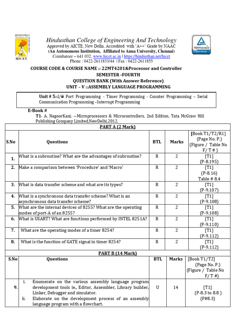 QB - Unit 5 - 22MT4201 Processor and Controller | PDF | Office Equipment | Computer Engineering