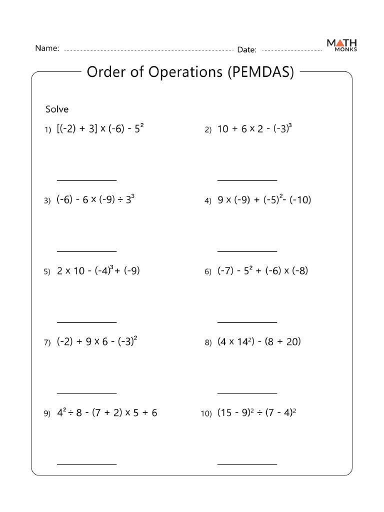6th Grade Pemdas Worksheets | PDF