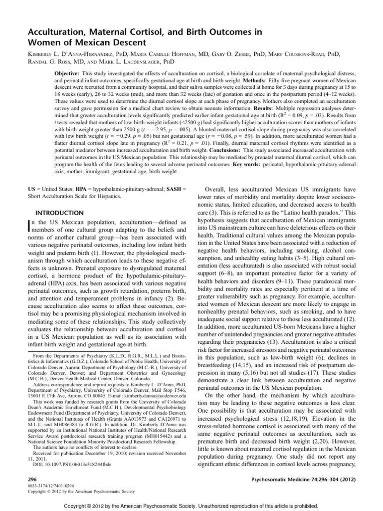 Acculturation, Maternal Cortisol, and Birth Outcomes in Women of ...