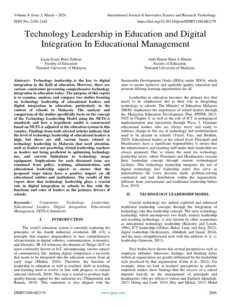 Technology Leadership in Education and Digital Integration in ...
