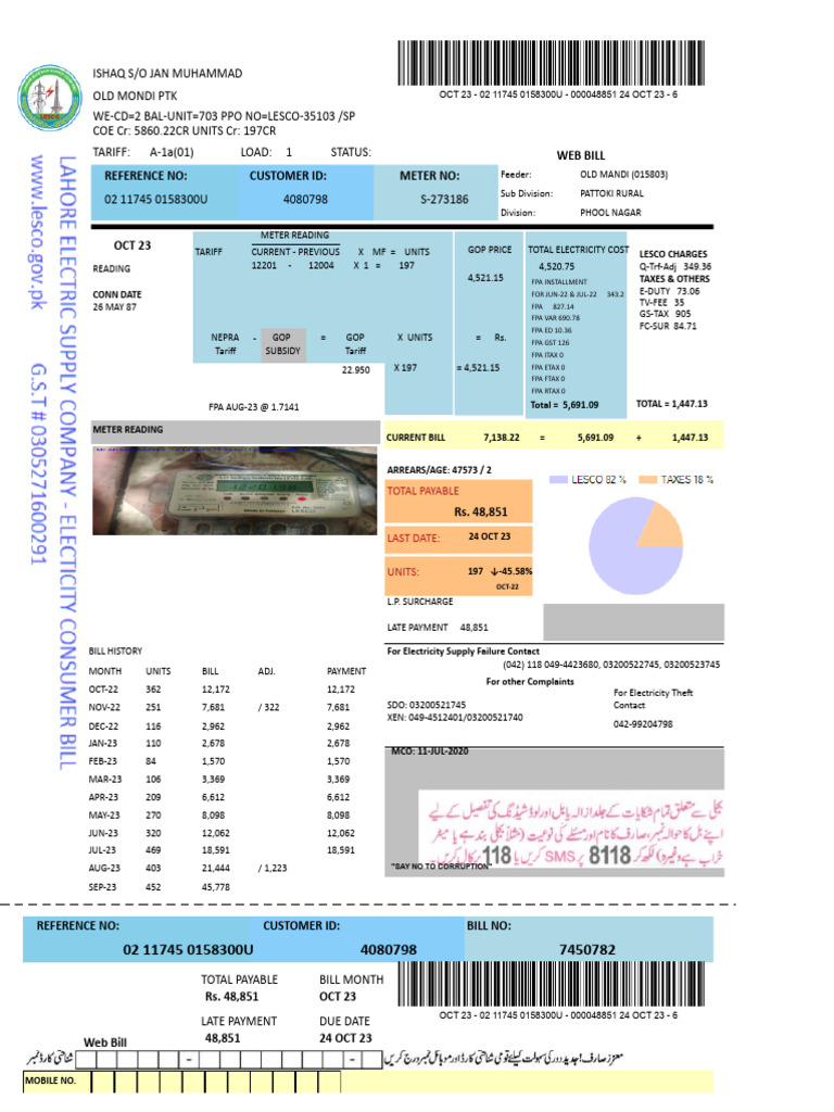 LESCO - Web Bill Oct 2023 | PDF | Government Finances | Payments