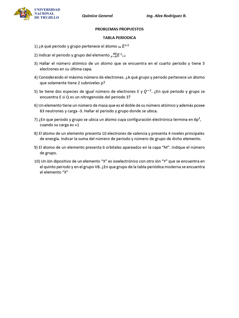 PROBLEMAS PROPUESTOS TABLA PERIODICA | PDF