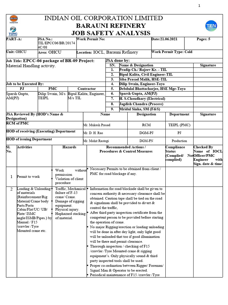 OHCU - JSA - Material Handling Activity - 08 | PDF | Crane (Machine)