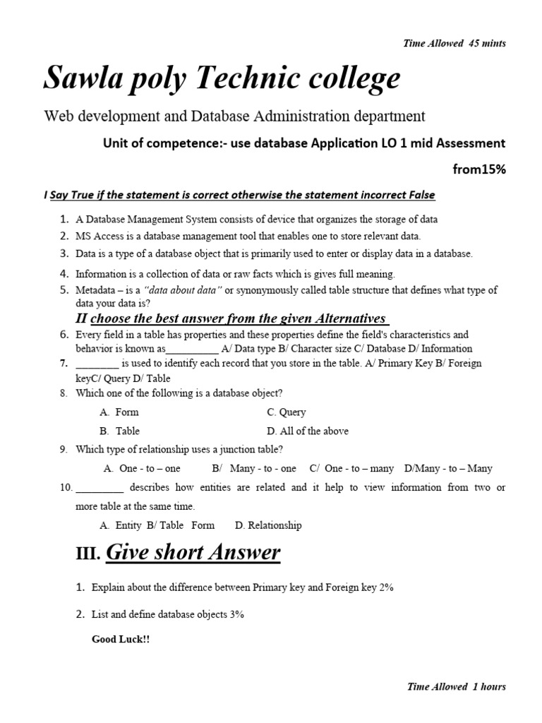 Assessment Pdf Databases Microsoft Excel