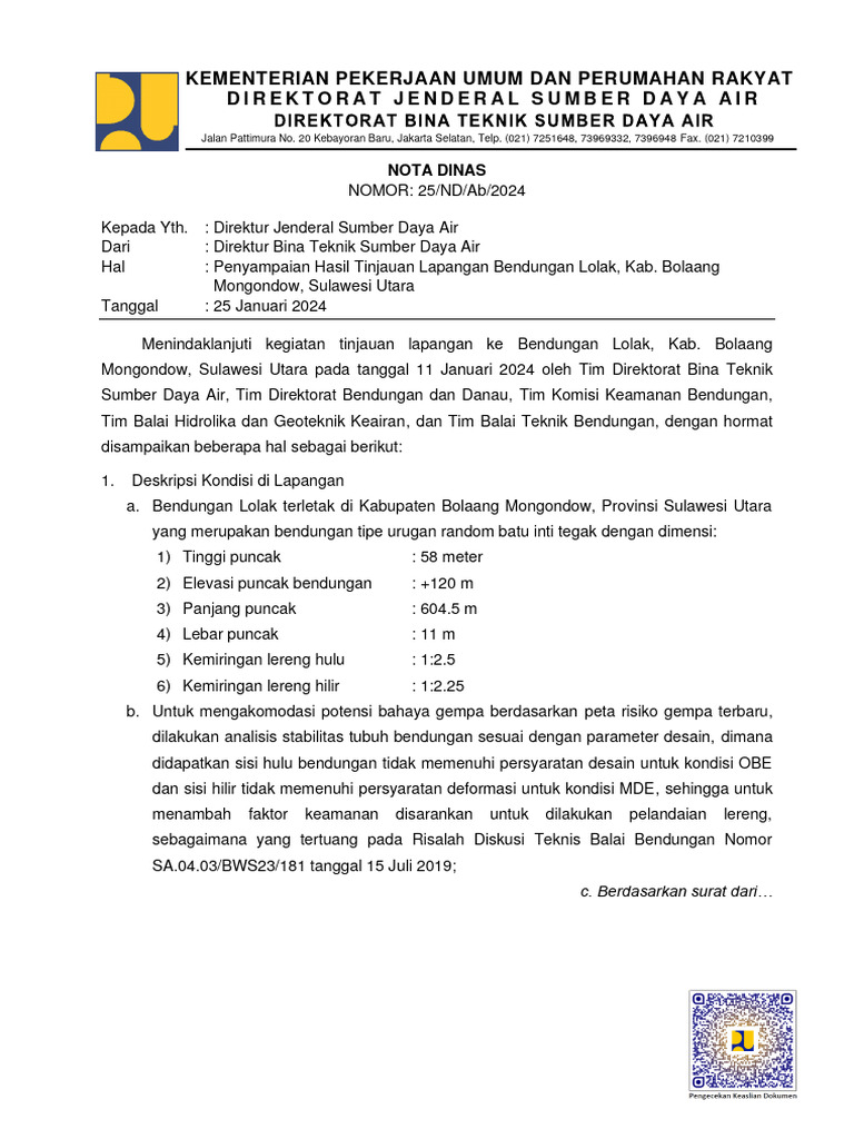 Nota Dinas Hasil Tinjauan Lapangan Bendungan Lolak TTE | PDF