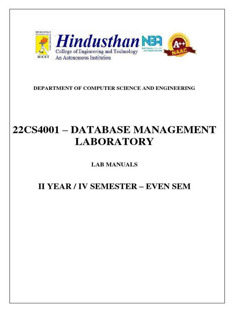 22cs4001 Dbms Lab Manual | PDF | Sql | Relational Database