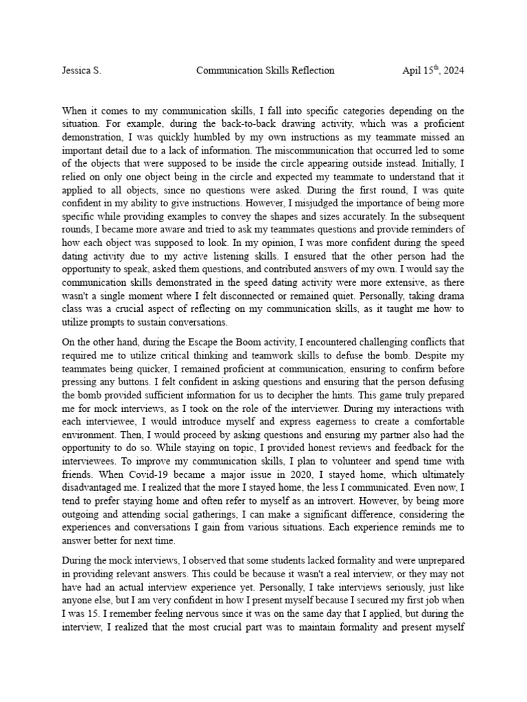 Communication Skills Reflection | PDF | Communication | Interview