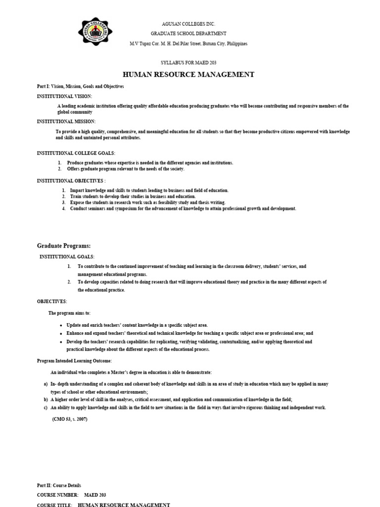 Aci Maed 203 Human Resource Management Syllabus | PDF | Educational Assessment | Knowledge