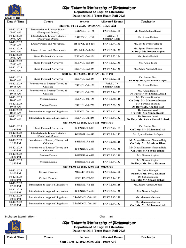 Revised Date Sheet Mid Term | PDF
