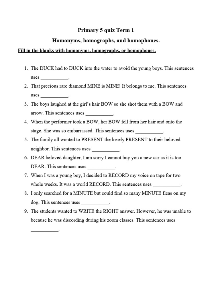 Primary 5 Quiz: Homonyms & Homophones | PDF | Lexicology | Lexical ...