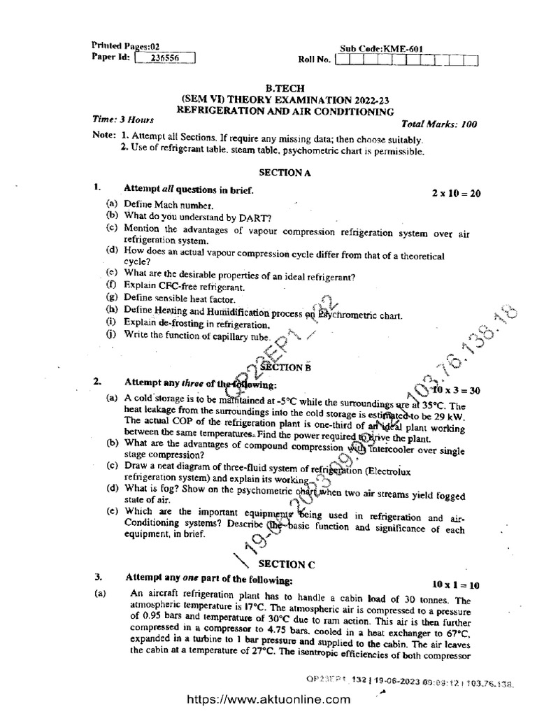 Btech Me 6 Sem Refrigeration and Air Conditioning Kme 601 2023 | PDF