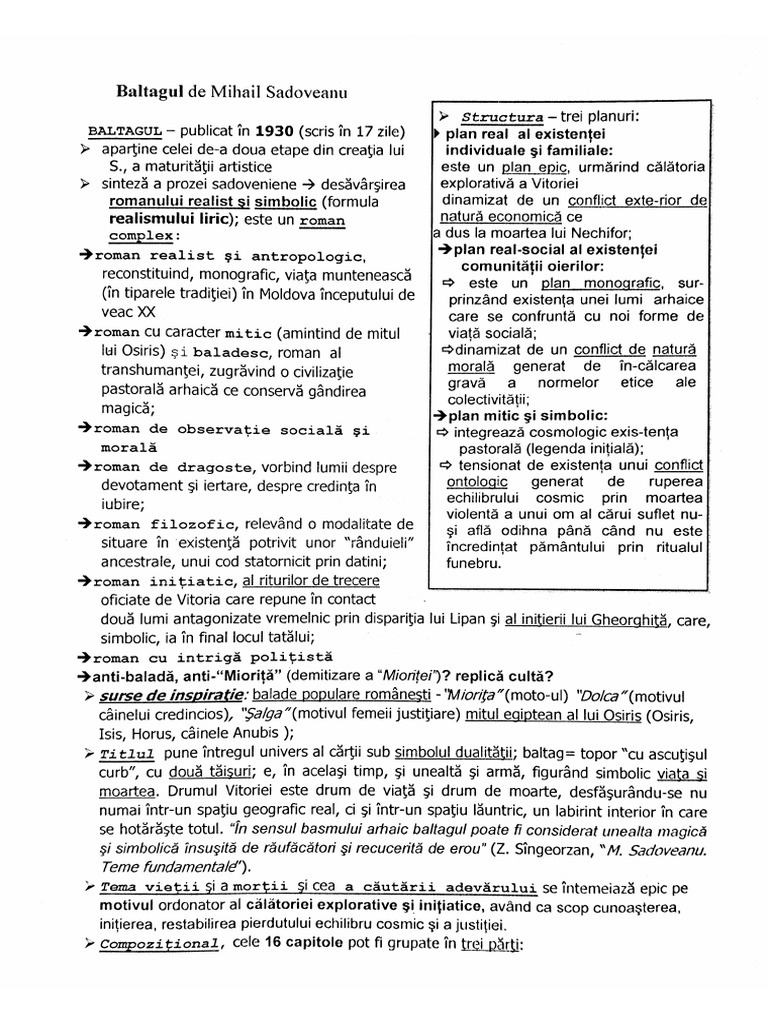 Baltagul. Mihail Sadoveanu - Fisa Sinteza | PDF