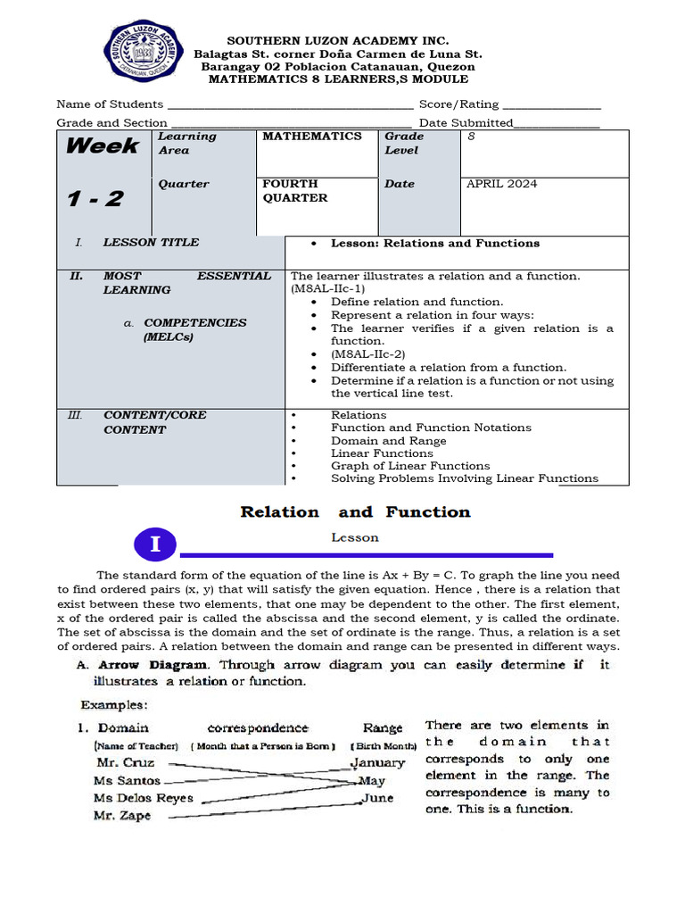 Math 8 Module Week2 | PDF | Function (Mathematics) | Equations