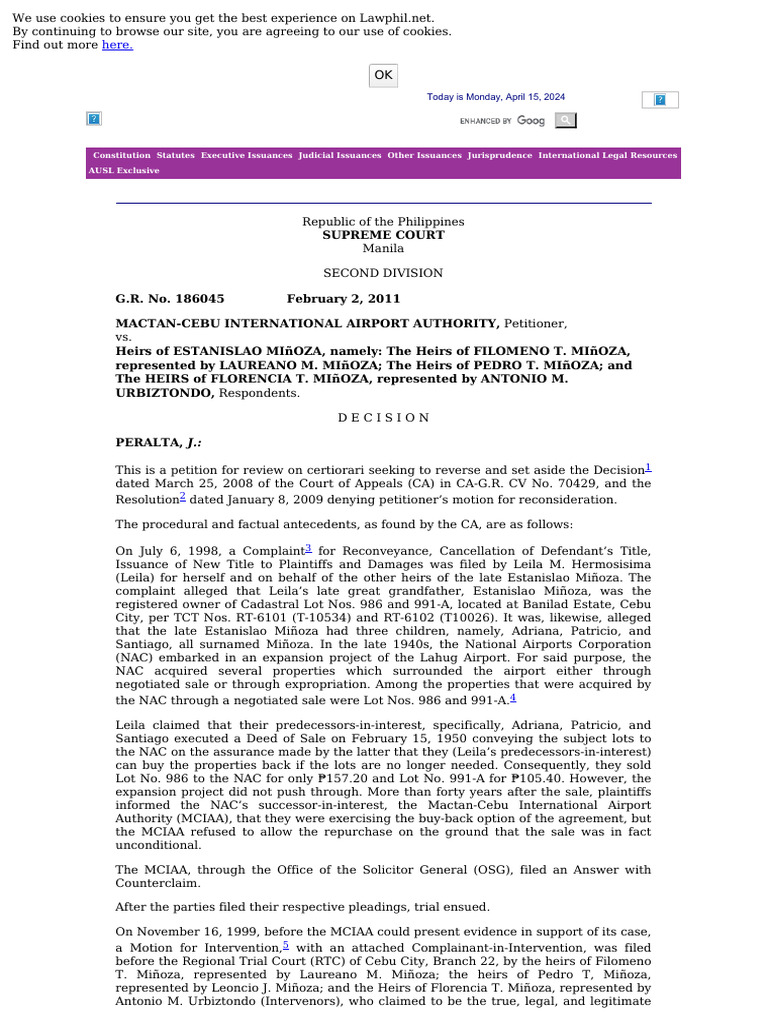 MCIAA v. Heirs of Minoza, G.R. No. 186045 | PDF | Lawsuit ...