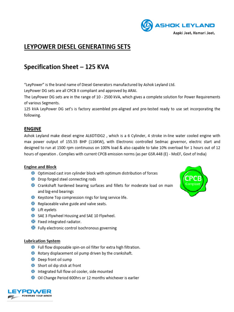 Ashok Leyland 125 KVA DG Set Specifications | PDF | Diesel Engine | Engines