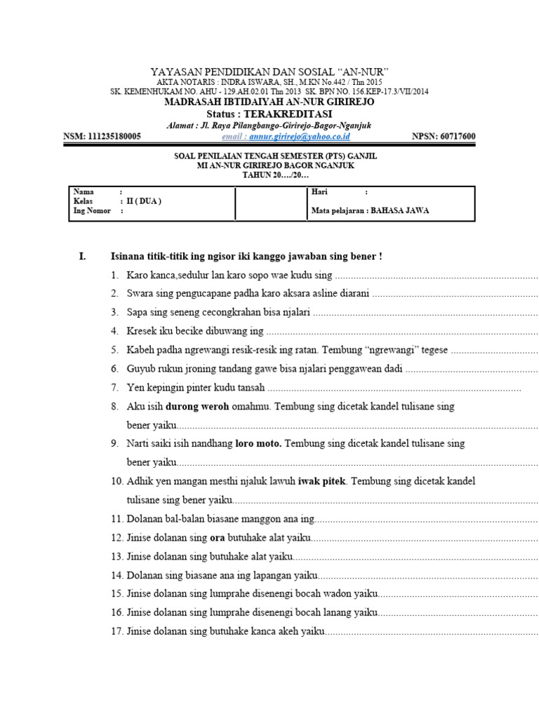 PTS Bhs. Jawa KLS 2 | PDF