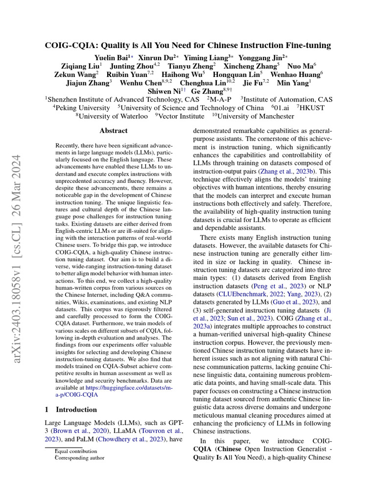 COIG-CQIA: Quality Is All You Need For Chinese Instruction Fine-Tuning | PDF
