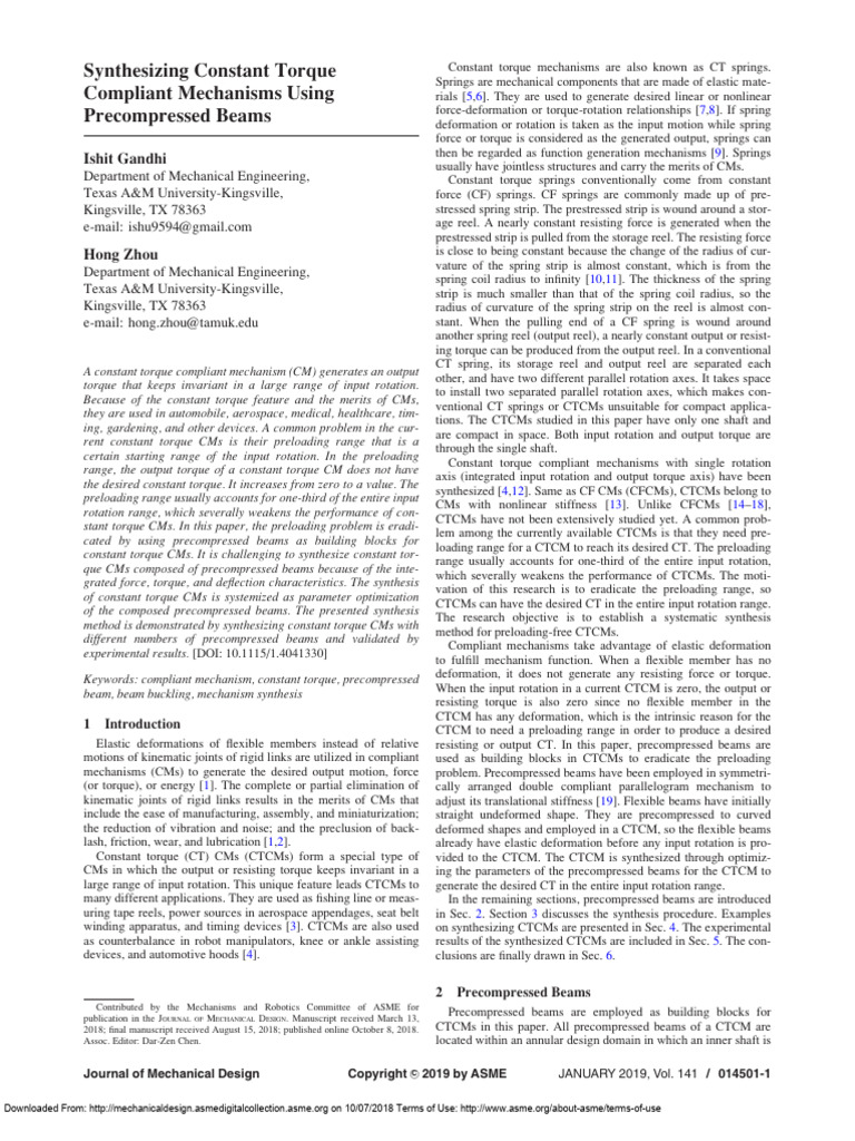 Constant Torque Mechanisms with Precompressed Beams | PDF | Beam ...