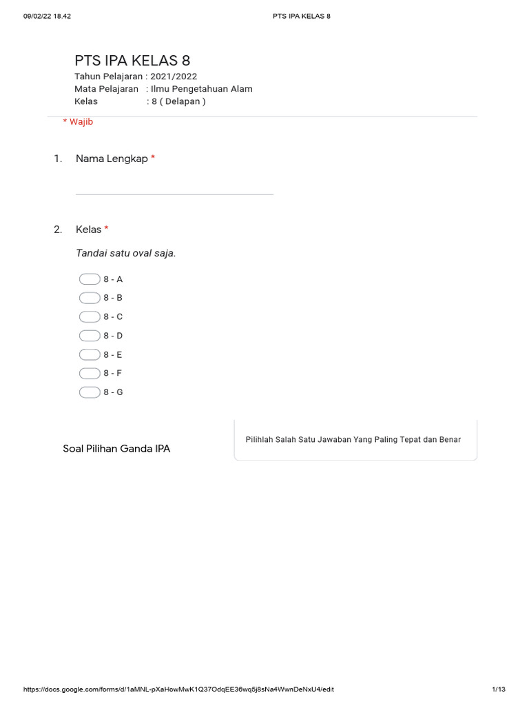 PTS IPA KELAS 8 - Google Formulir | PDF
