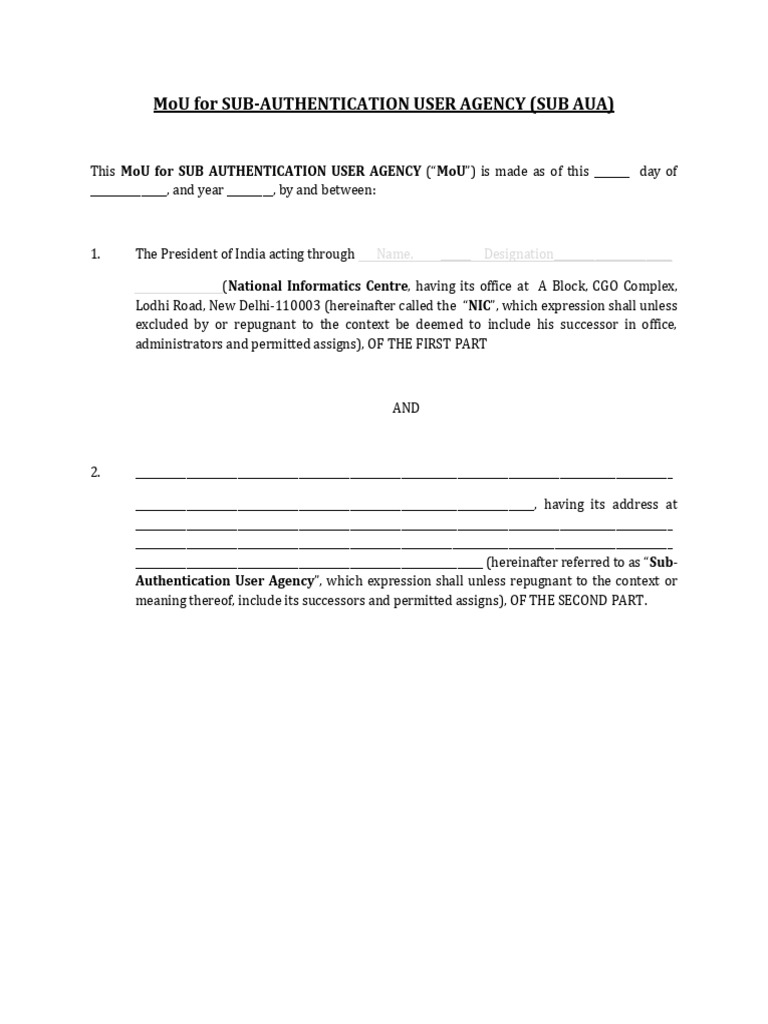 Sub-AUA MoU Agreement | PDF | Breach Of Contract | Biometrics