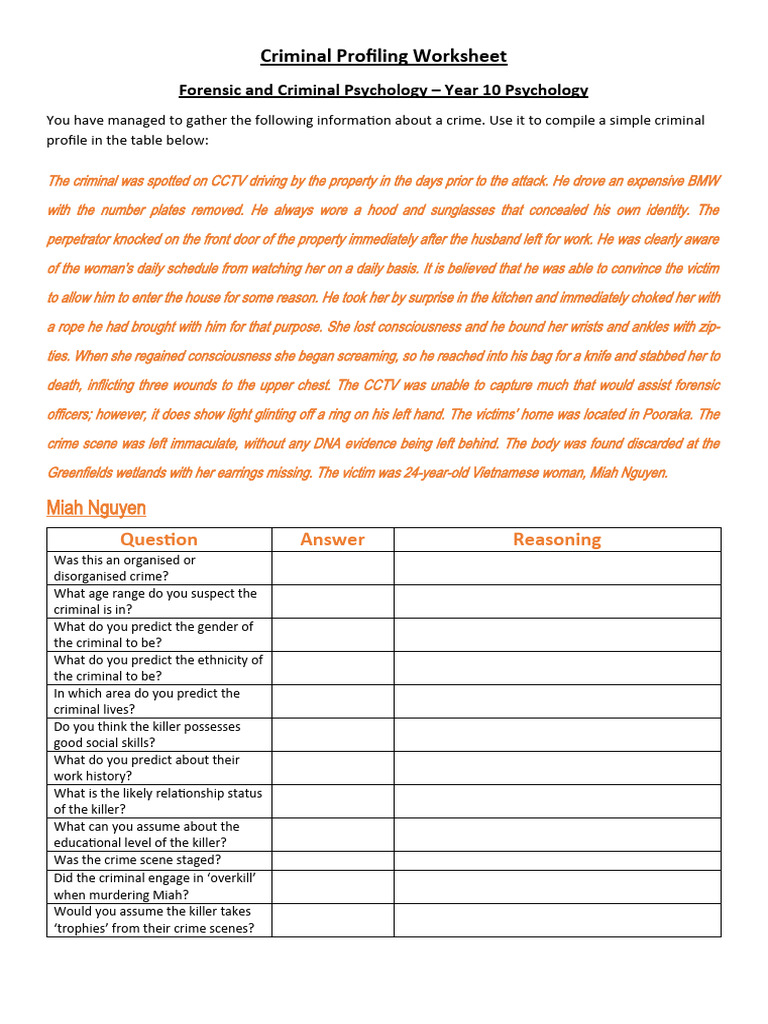 Criminal Profiling Worksheet | PDF | Crime Scene | Crimes