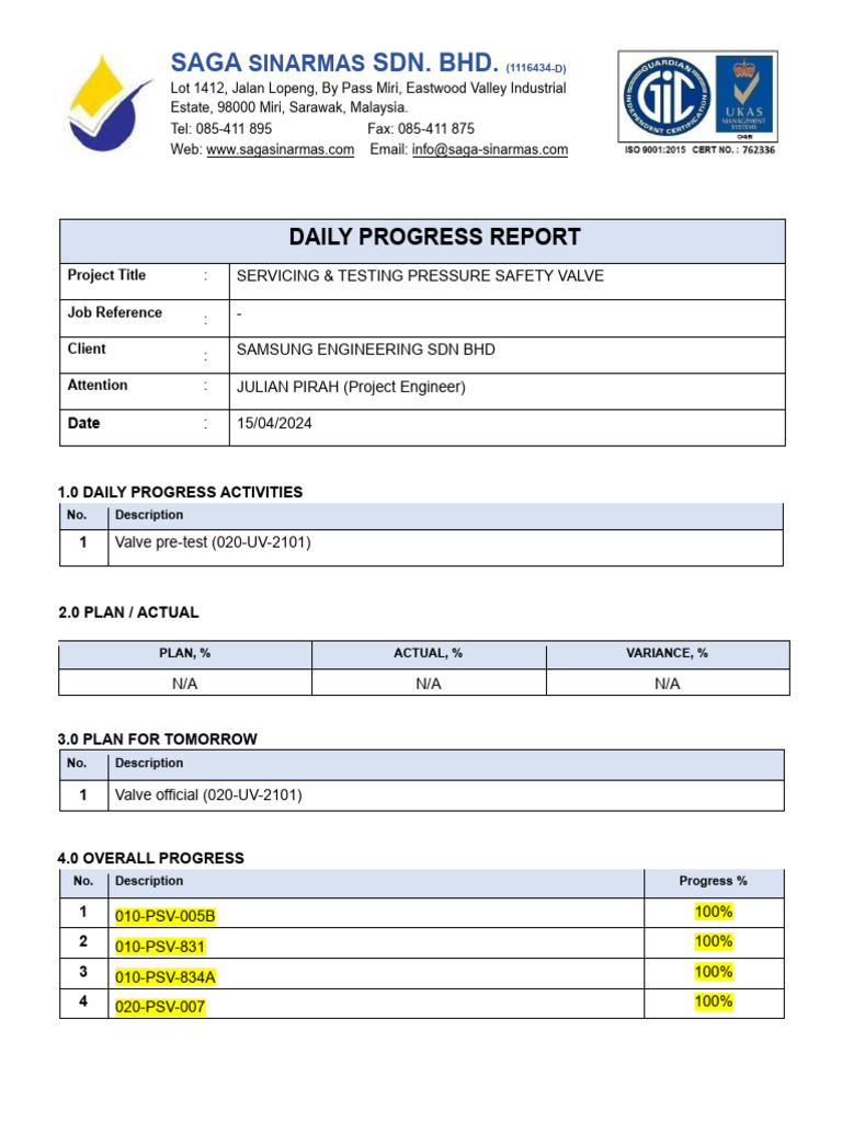 Daily Progress Report Samsung Saga (15.04.24) | PDF | Occupational ...