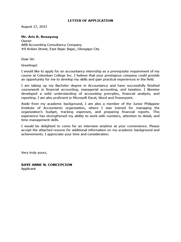 Accountancy Internship Application | PDF | Career & Growth | Business