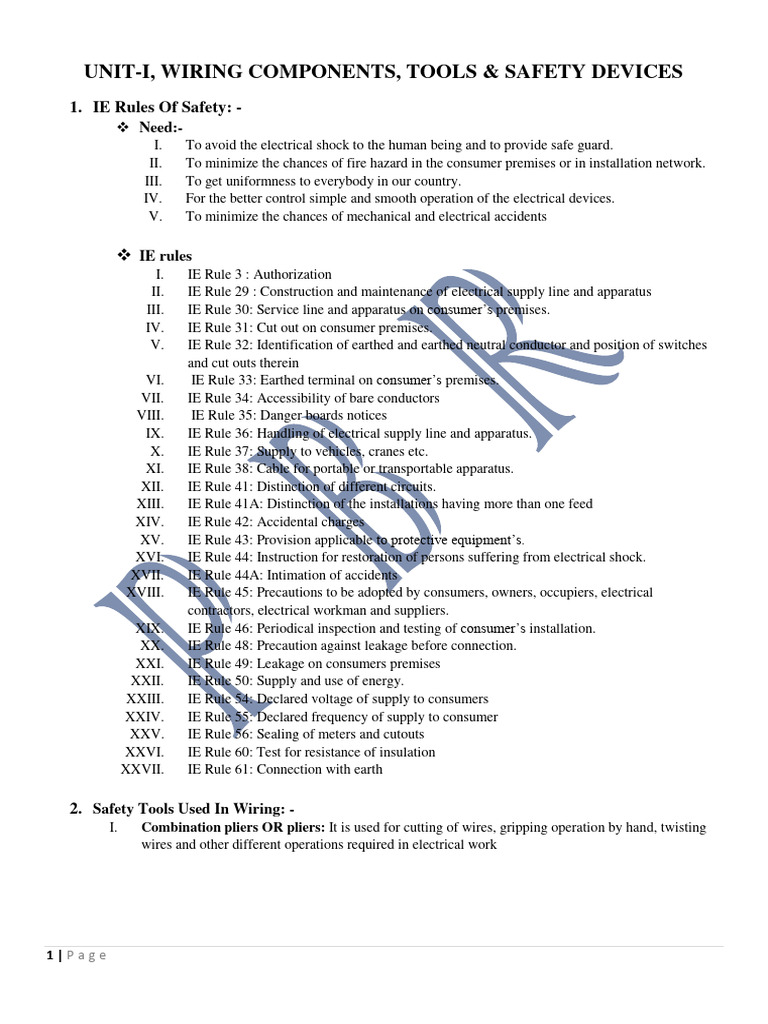 Unit - I, Wiring Components, Tools & Safety Devices | PDF | Fuse ...