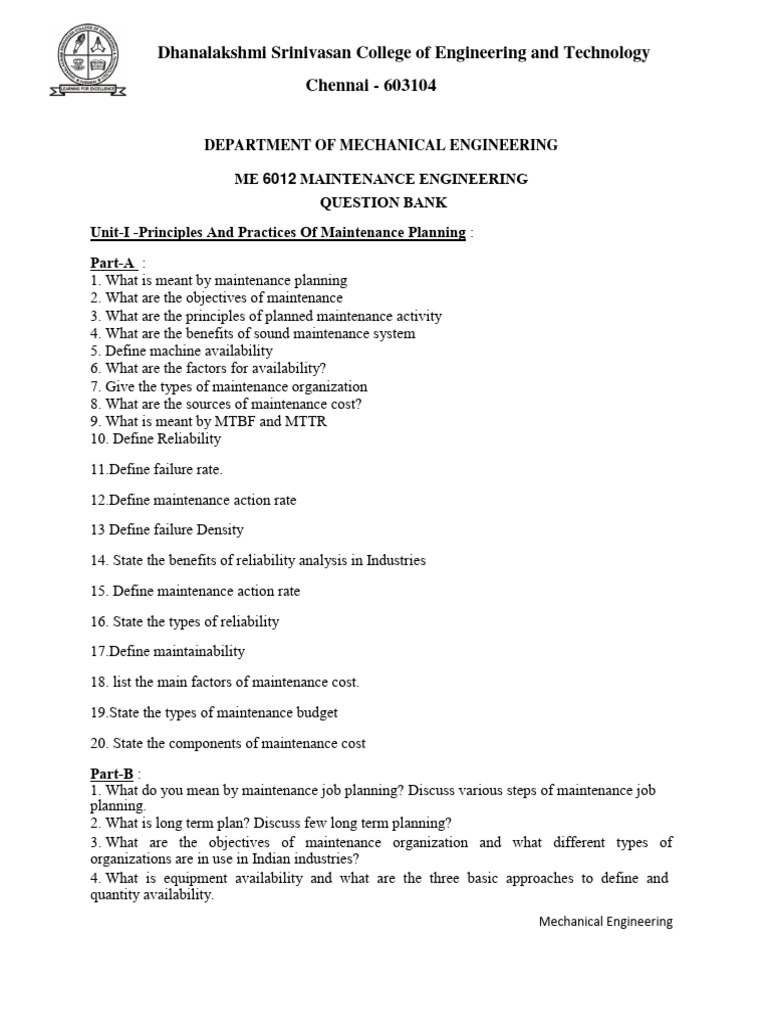 ME6012 Maintainance | PDF | Systems Engineering | Mechanical Engineering