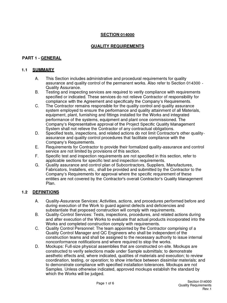 Section 014000 Quality Requirements - Rev1 | PDF | Quality Assurance | Specification (Technical ...