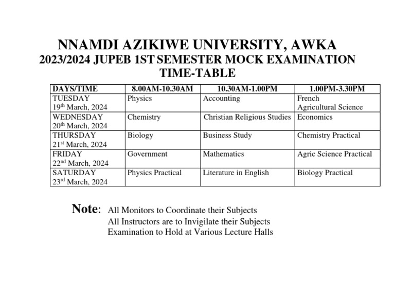 2023-2024 Jupeb 1st Semester Mock Examination Time-Table | PDF