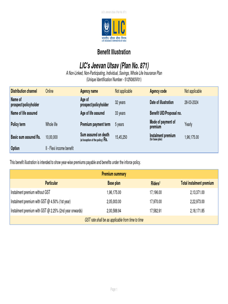 Benefit Illustration LIC's Jeevan Utsav | PDF | Insurance | Business Law