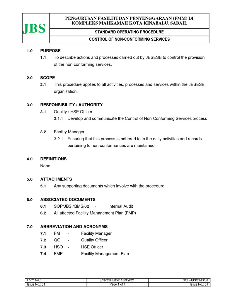 SOP-JBSESB-QMS-03 Non Conforming Services | PDF | Business