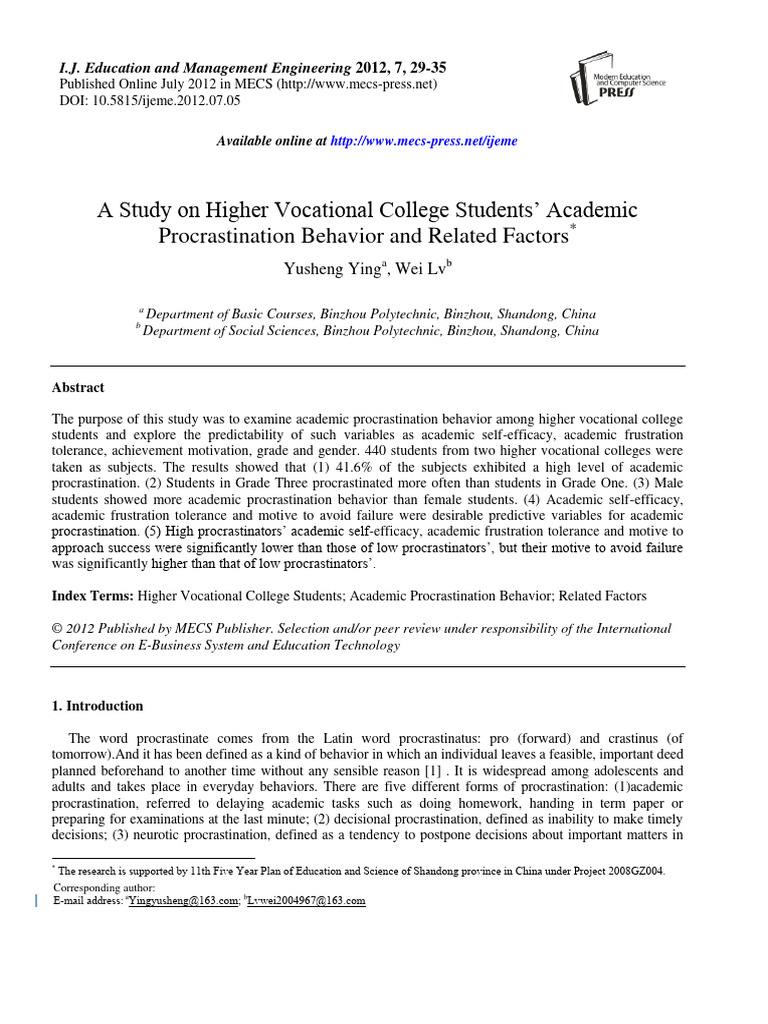 A Study On Higher Vocational College Students'Academic Procrastination Behavior and Related ...