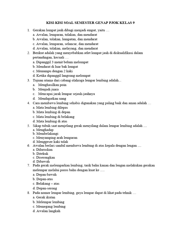 Kisi Kisi Soal Pjok Semester Genap Kelas 9 Tahun 2023-2024 | PDF