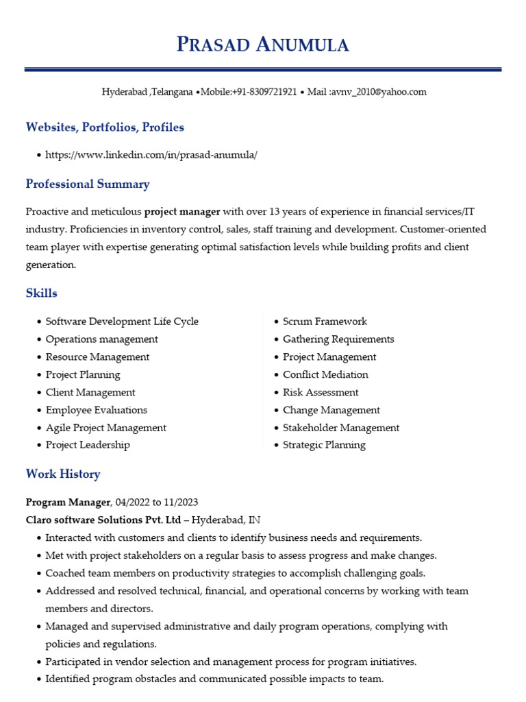 Prasad - Anumula - Program Manager | PDF | Marketing | Project Management