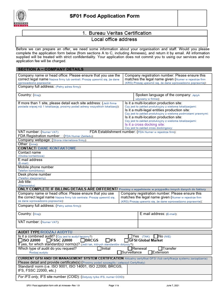 SF01 Food Application Form With All Annexes Nowy v.1.9 Z Tlumaczeniem | PDF